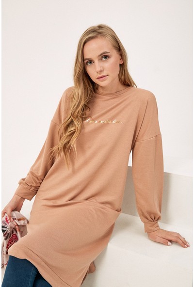 FullaModa Yazı Baskılı Bisiklet Yaka Tunik FullaModa Yazı Baskılı Bisiklet Yaka Tunik