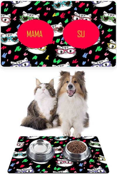 Siyah Renkli Kediler Kedi Köpek Mama Altlığı Mama Paspası 50X35CM Siyah Renkli Kediler Kedi Köpek Mama Altlığı Mama Paspası 50X35CM