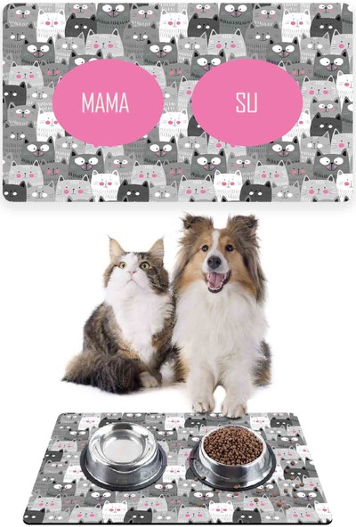 PatiPeti Gri Sevimli Kediler Kedi Köpek Mama Altlığı Mama Paspası 50X35CM