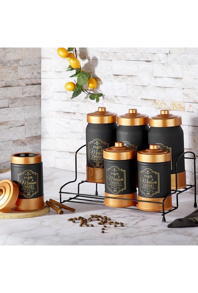 Hane 6'lı Standlı Paris Desenli Siyah Bakır Mat Boyalı Cam Baharatlık&kavanoz&saklama