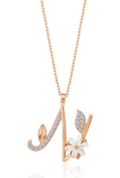 Mia Vento Işıltılı Manolya Çiçeği N Harfi Rose Renk Gümüş Harfli Kolye