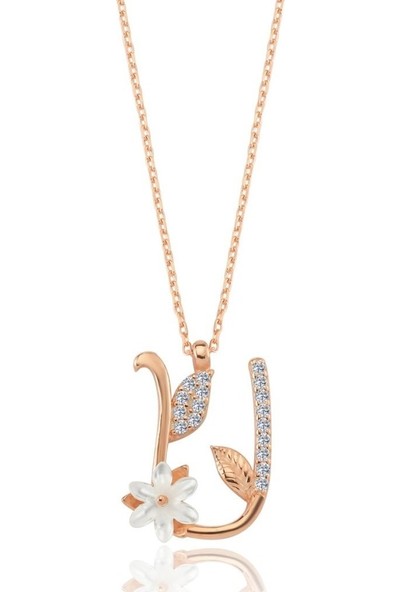 Mia Vento Işıltılı Manolya Çiçeği U Harfi Rose Renk Gümüş Harfli Kolye