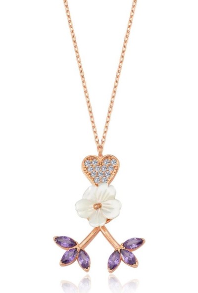 Mia Vento Ametist Moru Manolya Çiçeği Kalbi Rose Renk Gümüş Kolye
