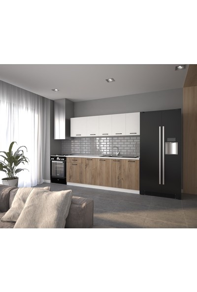 Visas Concept 220 cm Ege Hazır Mutfak Dolabı Beyaz ve Atlantik Çam