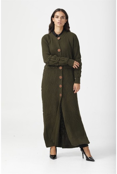 Esswaap Reglan Kol Tam Boy Beli ve Kolları Büzgülü Düğmeli Uzun Hırka Haki