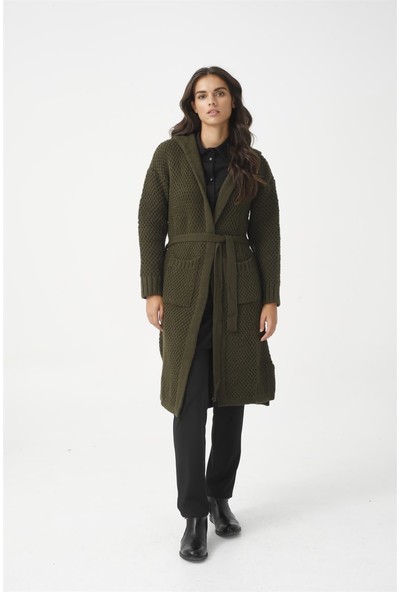 Esswaap Petek Örgülü Cepli Önden Bağlamalı Ara Boy Hırka Haki