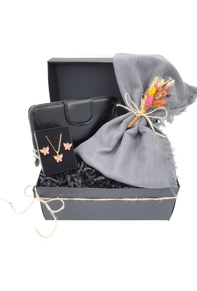 Özel Kutuda Gri Renk Şal & Cüzdan & Kelebek Kolye Küpe& Armağan Seti