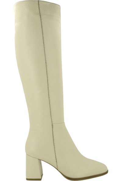 Hobby 21431 Hakiki Deri Topuklu Kadın Çizme Bej
