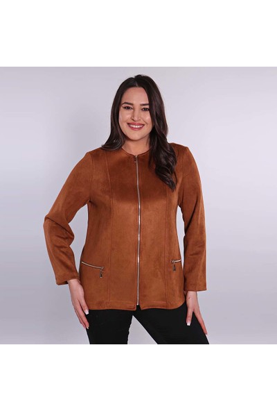 Trend42plus Fermuarlı Taba Süet Ceket