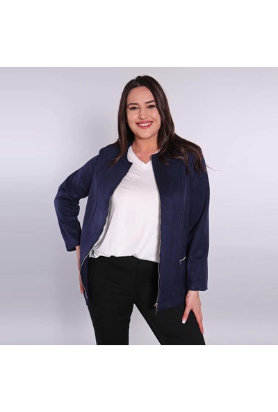 Trend42plus Fermuarlı Lacivert Süet Ceket