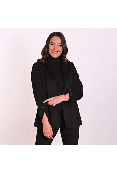 Trend42plus Kol Apoletli Süet Siyah Büyük Beden Ceket