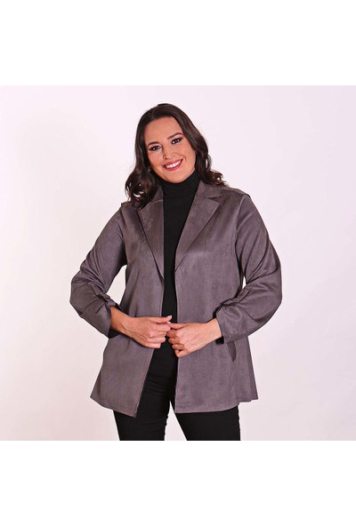 Trend42plus Kol Apoletli Süet Gri Büyük Beden Ceket