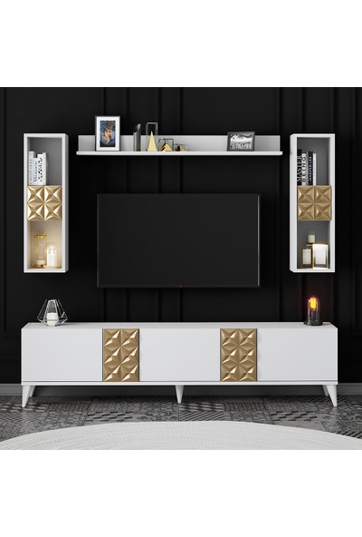 Modatte Mobilya Modatte_kristal_beyaz_altın_gümüş_tv Ünitesi