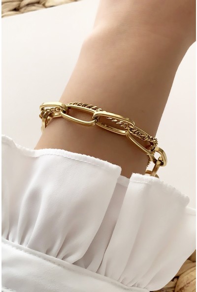 ÇLK Accessories Çelik 2 Geniş Geçmeli Zincir Çelik Bileklik TRBILEK7699 B35503