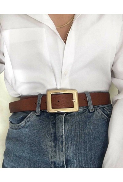 BellaVino Kadın Taba Kare Gold Tokalı Kemer R3030