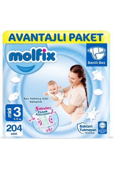 Molfix Bebek Bezi Avantajlı Paket Midi 3 Numara 204 Adet Molfix Bebek Bezi Avantajlı Paket Midi 3 Numara 204 Adet