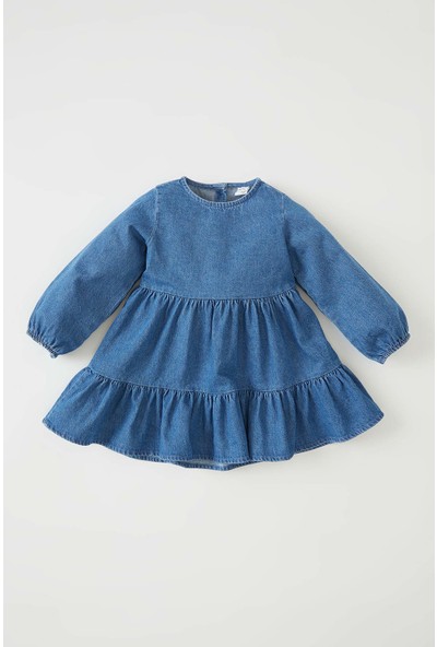 DeFacto Kız Bebek Regular Fit Bisiklet Yaka Uzun Kollu Jean Elbise V4859A221AU