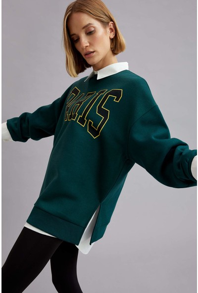 DeFacto Oversize Fit Bisiklet Yaka Baskılı Uzun Kollu Yırtmaçlı Sweatshirt V6332Az21Au