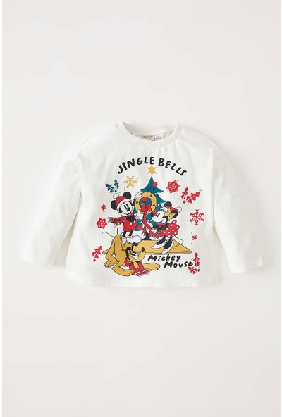 DeFacto Erkek Bebek Mickey & Minnie Lisanslı Bisiklet Yaka Yılbaşı Temalı Uzun Kollu Tişört W0704A221WN