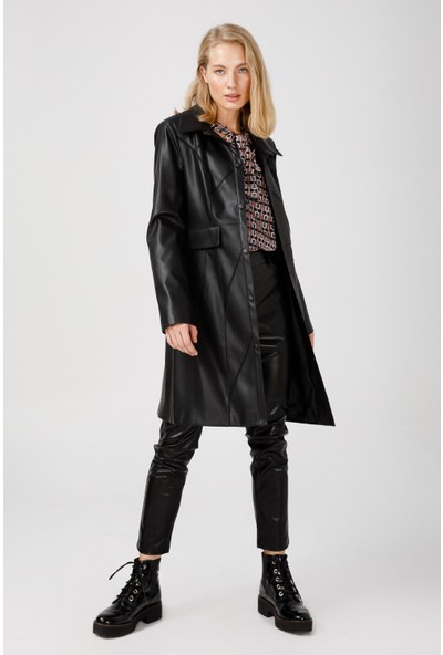 Ekol Kadın Yakalı Deri Trençkot 6058007 Siyah Ekol Kadın Yakalı Deri Trençkot 6058007 Siyah