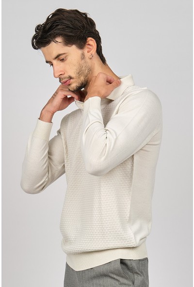 Desen Triko Erkek Kabartma Desenli Polo Yaka Yün Kazak 0249620 Kemik Desen Triko Erkek Kabartma Desenli Polo Yaka Yün Kazak 0249620 Kemik