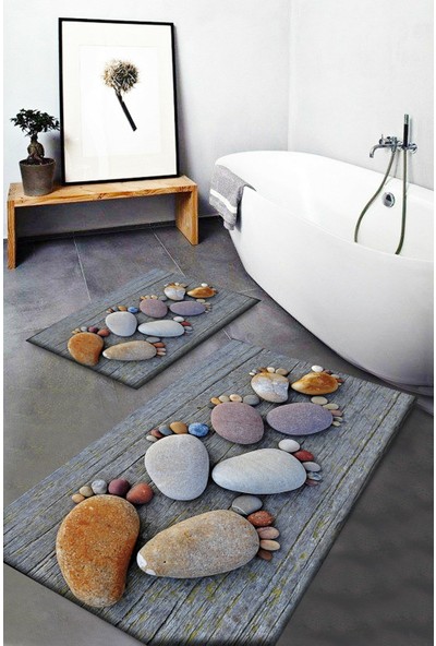 Else Halı Else Gri Ayak Taşları Desenli Yıkanabilir Kaymaz Taban 2li Banyo Halısı Paspas Klozet Takımı