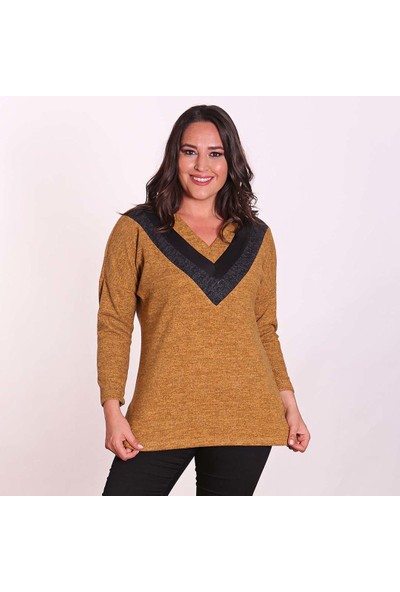 Trend42plus V Yaka Deri Detaylı Hardal Bluz