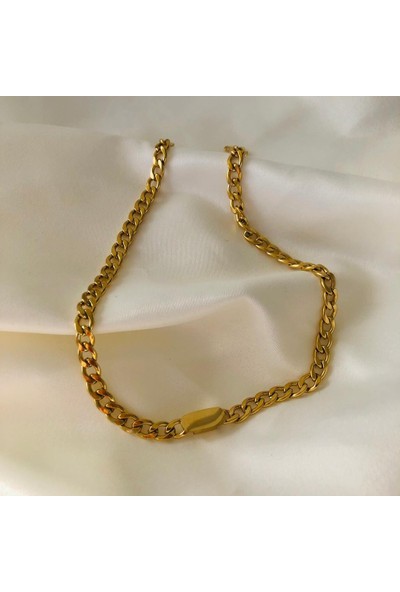 Stainless Steel Kalın Zincir Düz Taşlı Gold Çelik Kolye
