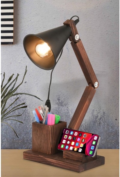 Nisaluce Lux Ahşap Masa Lambası Kalemlikli-Ceviz