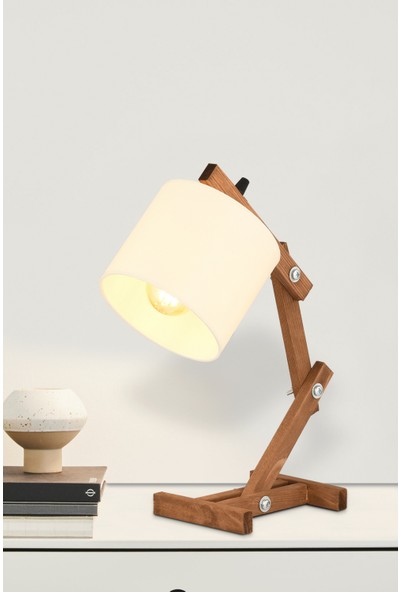 Nisaluce Ahşap Masa Lambası -Kumaş Başlık-Krem