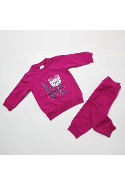 Misket Kız Bebek Love Kedi Baskılı Astarlı Kışlık Pijama