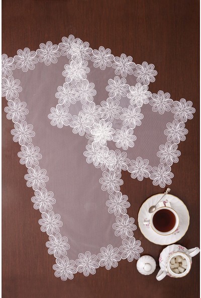 C&city 3'lü Güpürlü Sehpa Örtüsü Set 75CM*30 - 30CM*30CM - 30CM*30CM Ekru