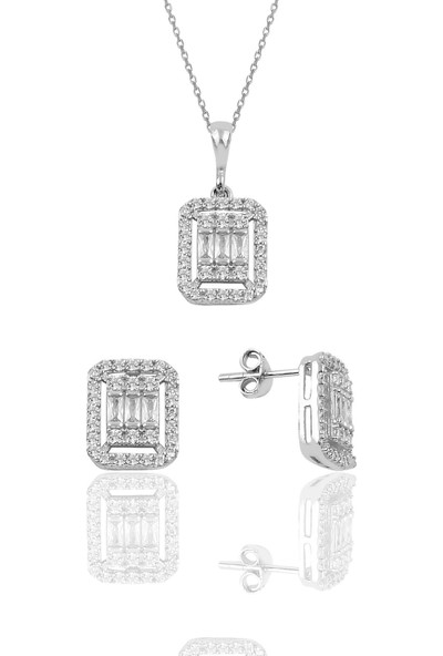 Söğütlü Silver Gümüş Rodyumlu Baget Taşlı Ikili Set