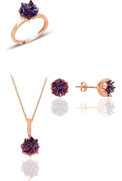 Söğütlü Silver Gümüş Lotus Çiçeği Modeli Amatis Taş Renkli Üçlü Set