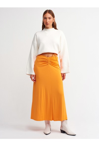 Dilvin 8791 Büzgü Detaylı Uzun Etek-Oranj