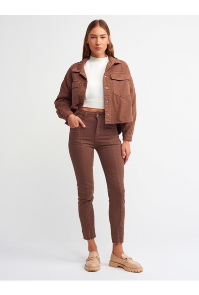 Dilvin 4495 Önü Yırtmaçlı Parçaboya Likralı Pantolon-Kahve