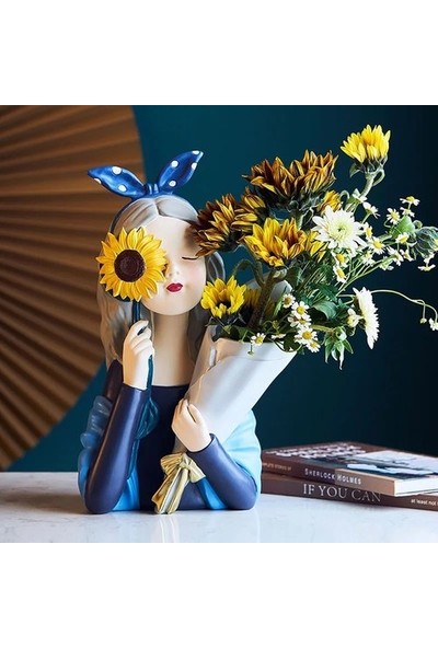 Sister Home Design Ayçiçekli Buketli Kız Heykeli Mavi Sister Home Design Ayçiçekli Buketli Kız Heykeli Mavi