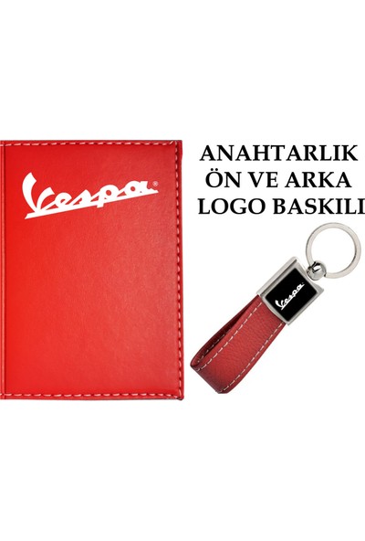 Promosyon Denizi Vespa Logolu Kırmızı Ruhsat Kabı ve Vespa Logolu Anahtarlık