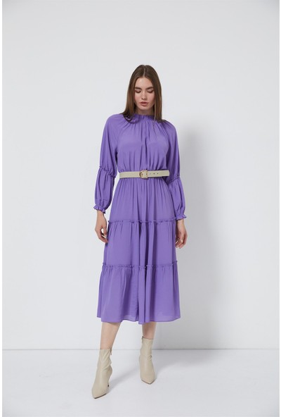 Setre Mor Kemerli Uzun Kol Midi Elbise
