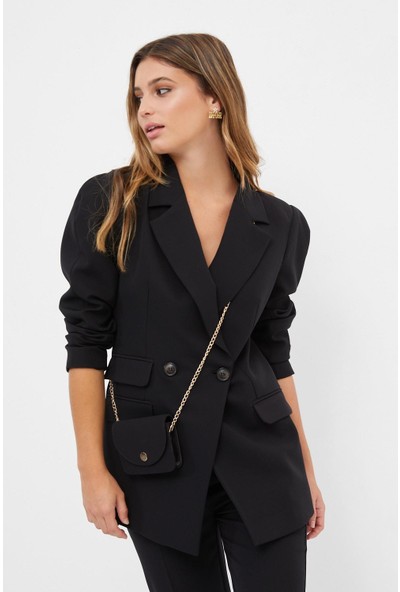 Setre Siyah Kruvaze Vatkalı Ceket Pantolon Takım