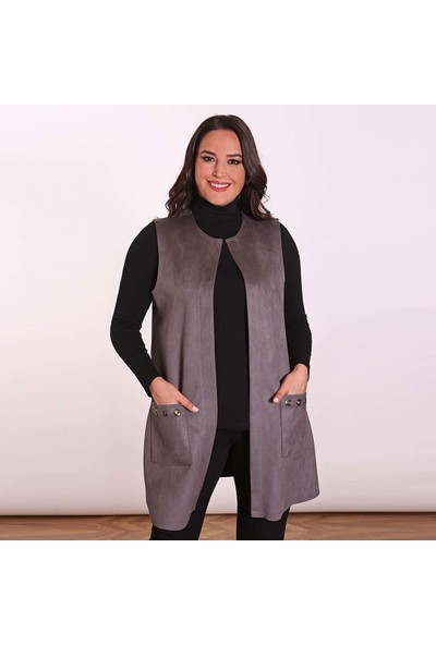 Trend42plus Cep Kuş Gözlü Süet Gri Yelek