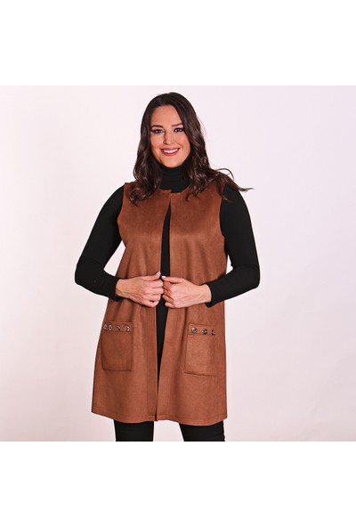 Trend42plus Cep Kuş Gözlü Süet Taba Yelek