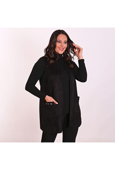 Trend42plus Cep Kuş Gözlü Süet Siyah Yelek Trend42plus Cep Kuş Gözlü Süet Siyah Yelek
