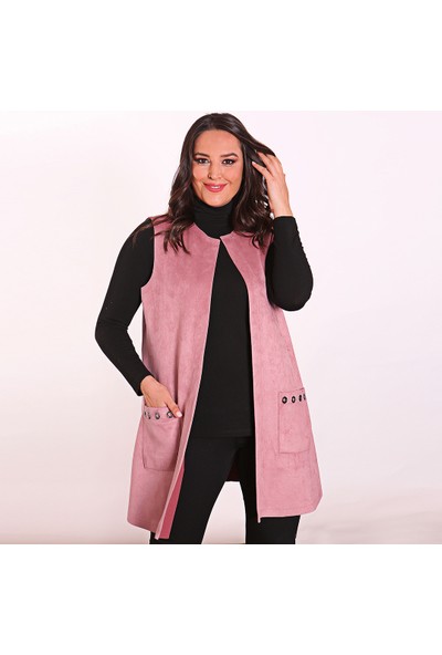Trend42plus Cep Kuş Gözlü Süet Pudra Yelek
