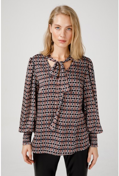 Ekol Kadın Fular Yaka Desenli Bluz 6052049 Tarçın