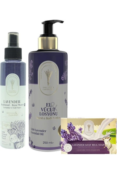 Gallipoli Lavender Lavanta ve Gül Hidrosolü 150 ml + Lavanta El Yüz Losyonu 250 ml + Keçi Sütü Sabunu 100 gr