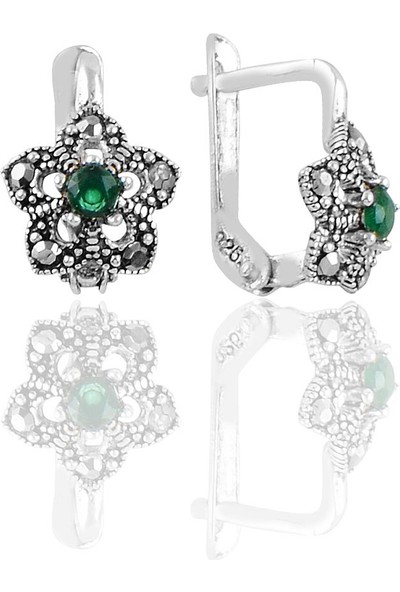 Söğütlü Silver Gümüş Markazit ve Kök Zümrüt Taşlı Lotus Modeli Küpe