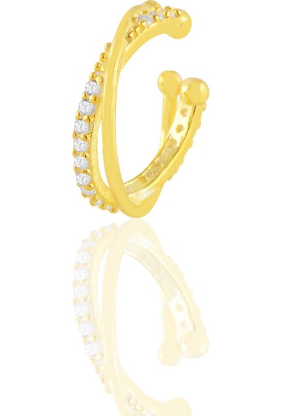 Söğütlü Silver Gümüş Altın Zirkon Taşlı Yaldızlı Iki Sıra Görünümlü Sıkıştırmalı Tekli Kıkırdak Küpe