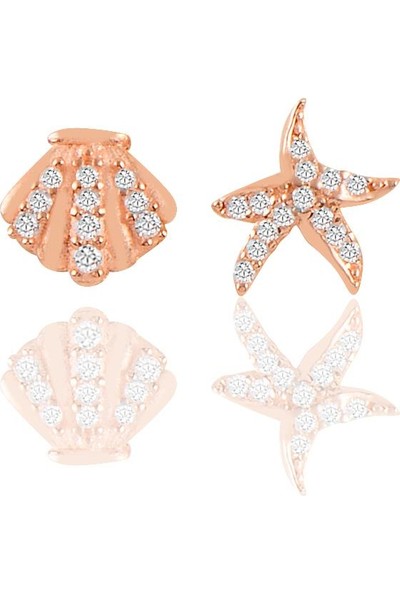 Söğütlü Silver Gümüş Rose Zirkon Taşlı Deniz Yıldızı ve Midye Modeli Kombin Küpe