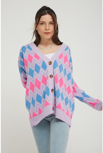 Yağızlar Kadın Lila Baklava Desen Düğmeli Renkli Hırka Yağızlar Kadın Lila Baklava Desen Düğmeli Renkli Hırka